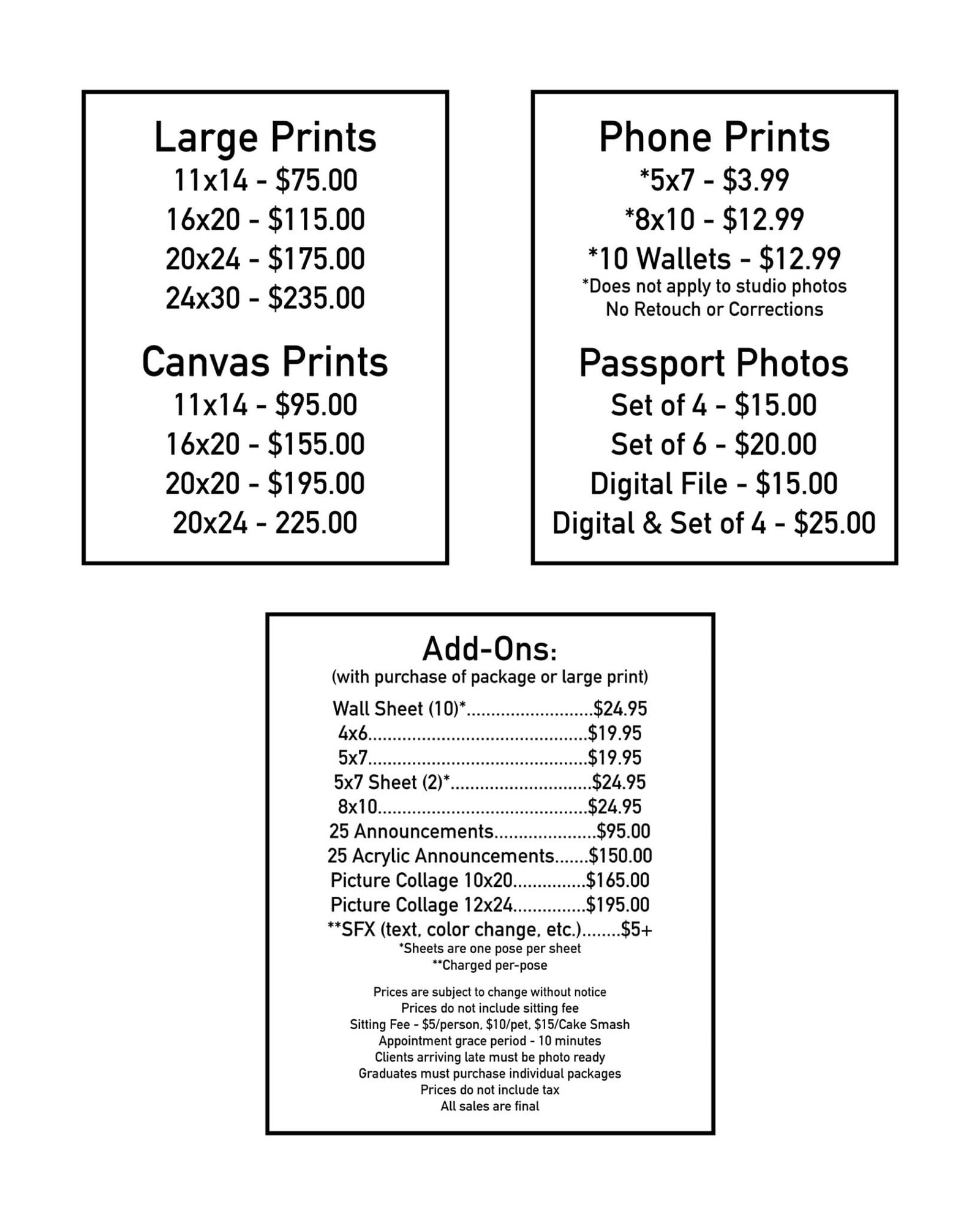 Prices – Capturing Your Moments